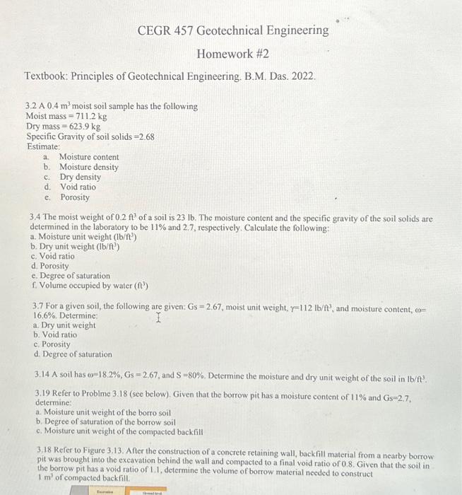 Solved CEGR 457 Geotechnical Engineering Homework #2 | Chegg.com