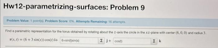 Solved Hw12-parametrizing-surfaces: Problem 9 Problem Value: | Chegg.com