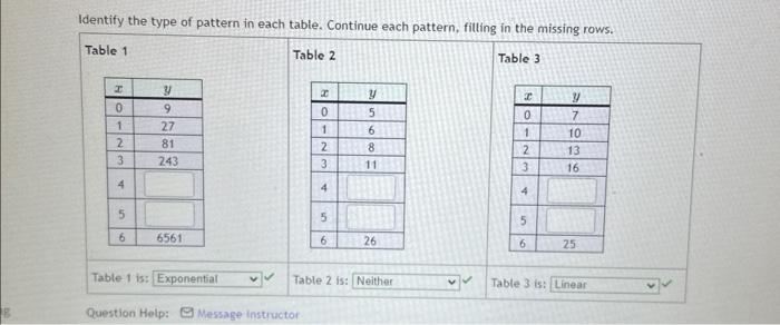 Solved Identify the type of pattern in each table. Continue | Chegg.com