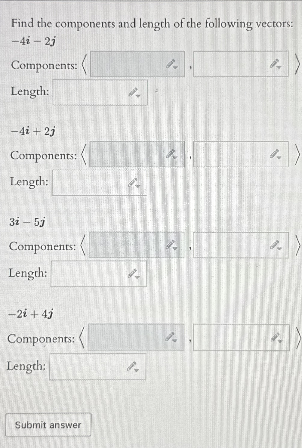 Solved Find the components and length of the following | Chegg.com