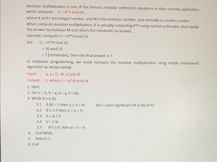 Solved Modular multiplication is one of the famous modular | Chegg.com