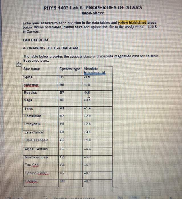 Solved PHYS 1403 Lab 6: PROPERTIES OF STARS Worksheet Enter | Chegg.com