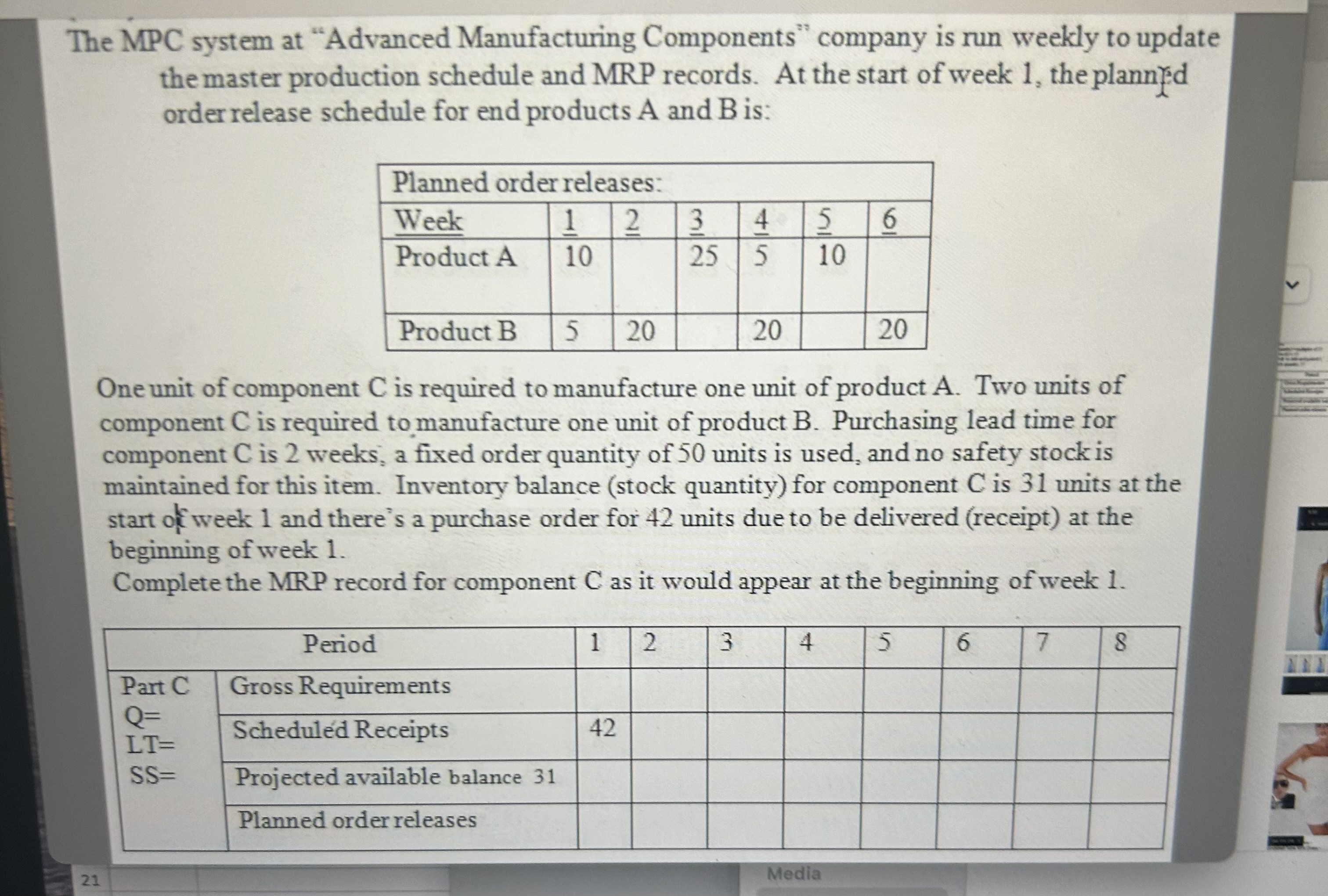 Solved The MPC system at "Advanced Manufacturing Components" | Chegg.com