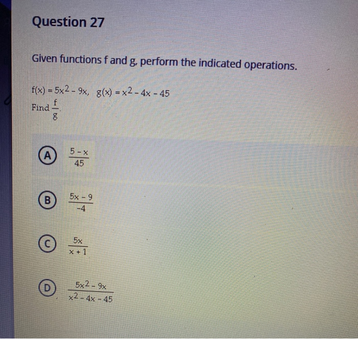 Solved Question 27 Given functions fand g, perform the | Chegg.com
