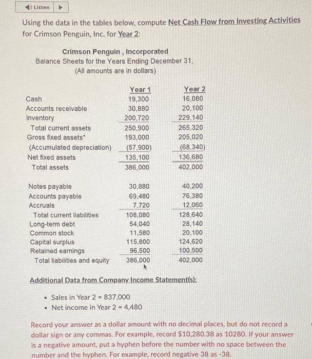 Solved Using the data in the tables below, compute Net Cash | Chegg.com