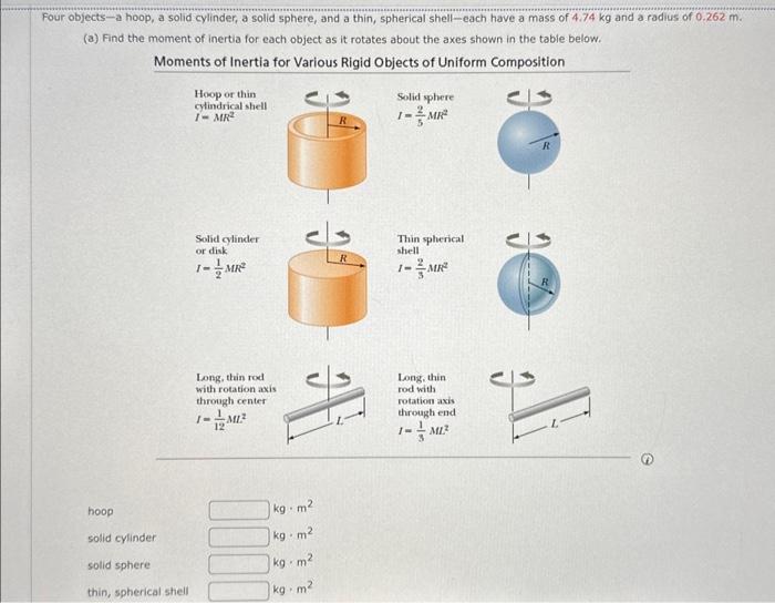 Solved Four objects-a hoop, a solid cylinder, a solid | Chegg.com