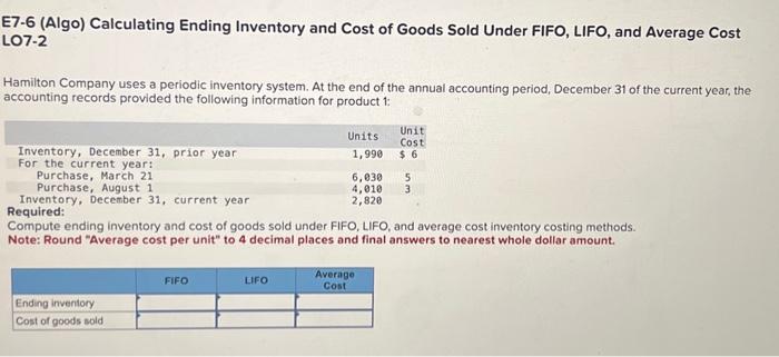 Solved E7-6 (Algo) Calculating Ending Inventory and Cost of | Chegg.com