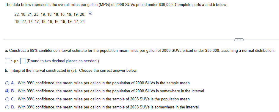 Solved The data below represents the overall miles per | Chegg.com
