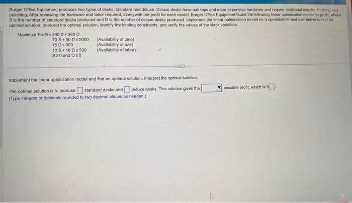Solved Zurger Oftice Equipment produces two types of desks, | Chegg.com