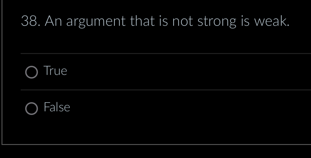 Solved An argument that is not strong is weak.q, ﻿True | Chegg.com