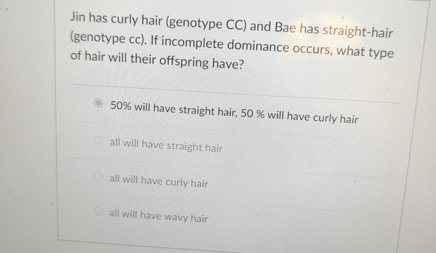 Solved Jin has curly hair (genotype CC) ﻿and Bae has | Chegg.com
