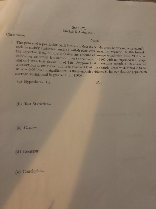 Solved Stat 171 Module 5 Assignment Class Time Name The