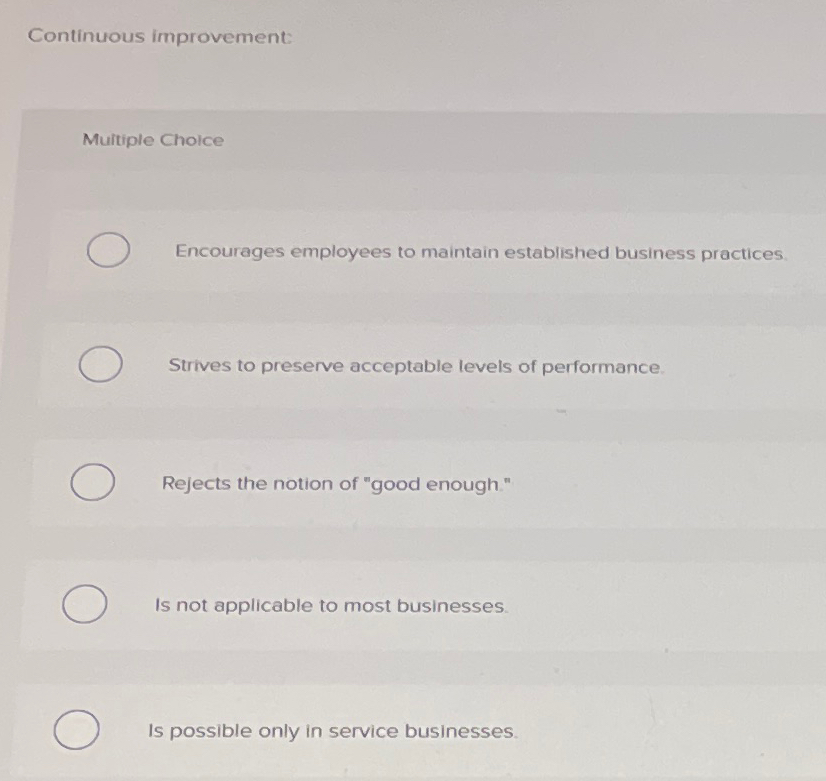 Solved Continuous improvement:Muitiple ChoiceEncourages | Chegg.com