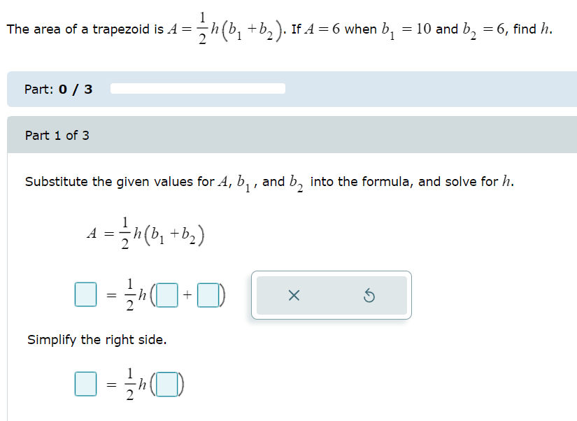 The area of a trapezoid is A=12h(b1+b2). ﻿If A=6 | Chegg.com