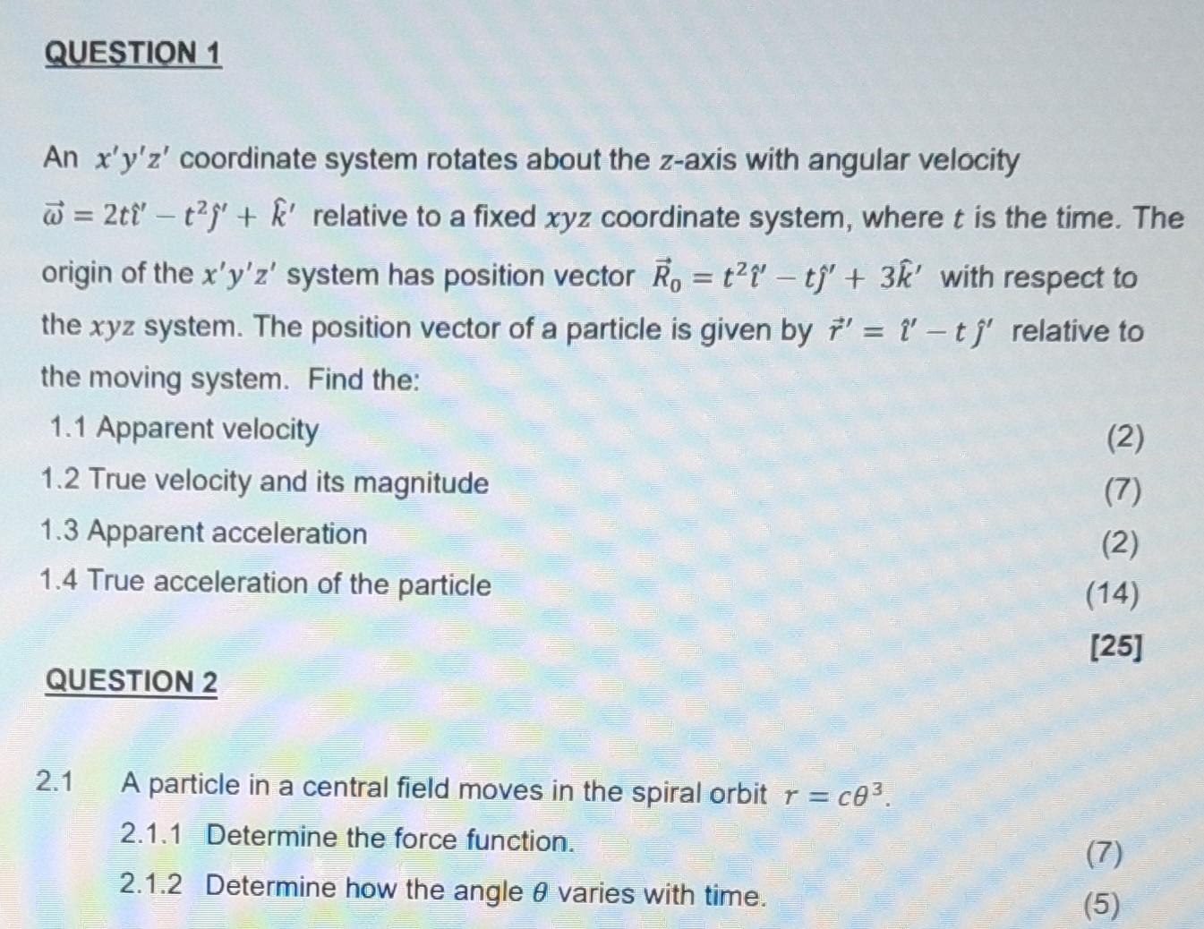 Solved QUESTION 1 An x'y'z' coordinate system rotates about | Chegg.com