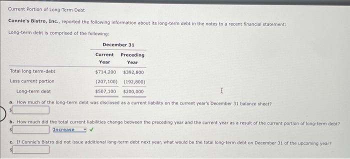Solved Current Portion of Long-Term Debt Connie's Bistro, | Chegg.com