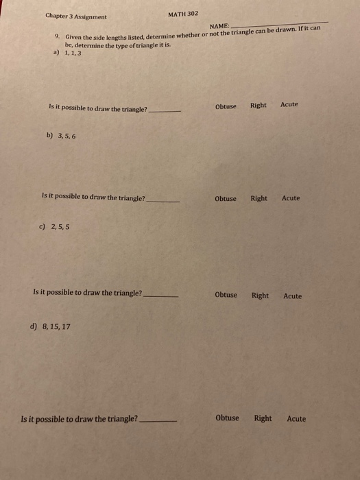 Solved Chapter 3 Assignment MATH 302 NAME: Given the side | Chegg.com Solved Chapter 3 Assignment MATH 302 NAME: Given the side | Chegg.com