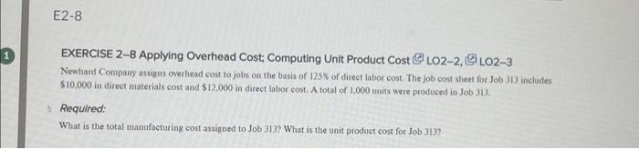 Solved EXERCISE 2-8 Applying Overhead Cost; Computing Unit | Chegg.com