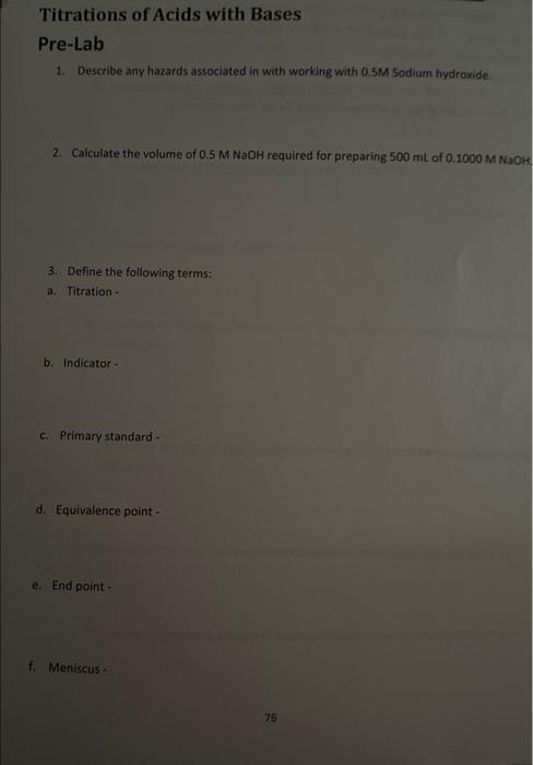 Solved Titrations of Acids with Bases Pre-Lab 1. Describe | Chegg.com