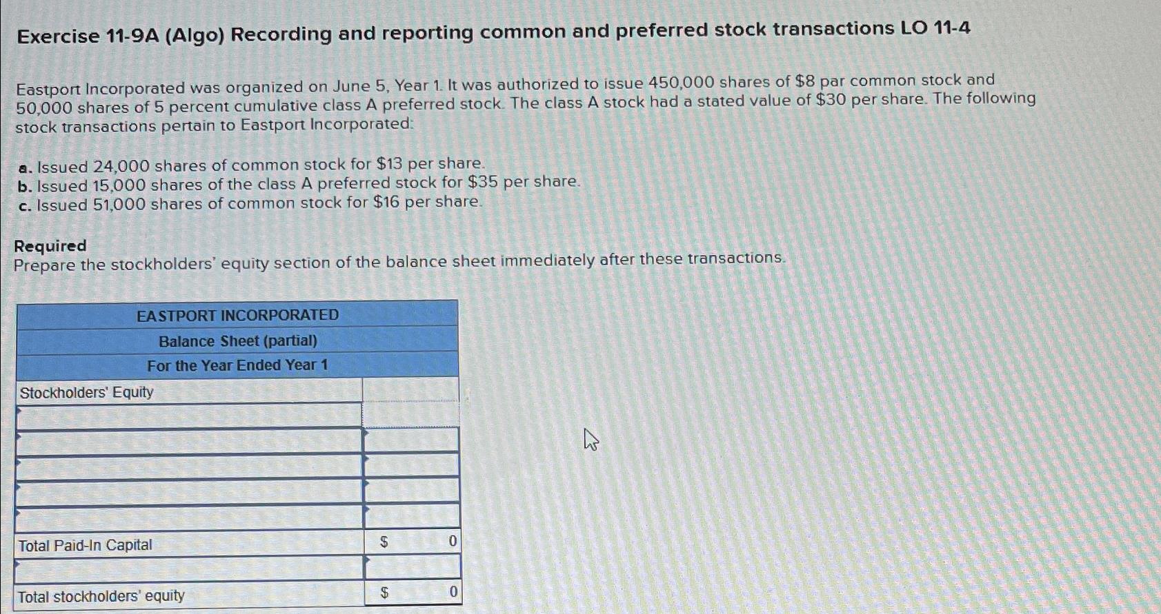 Solved Exercise 11-9A (Algo) ﻿Recording and reporting common | Chegg.com