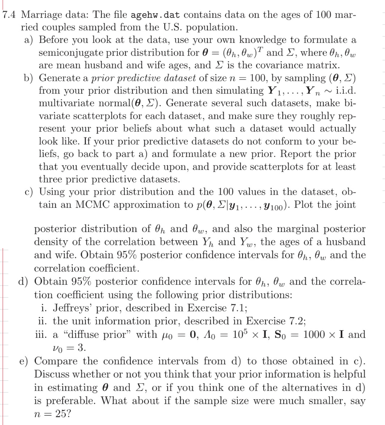 Solved 7.4 ﻿Marriage data: The file agehw . ﻿dat contains | Chegg.com