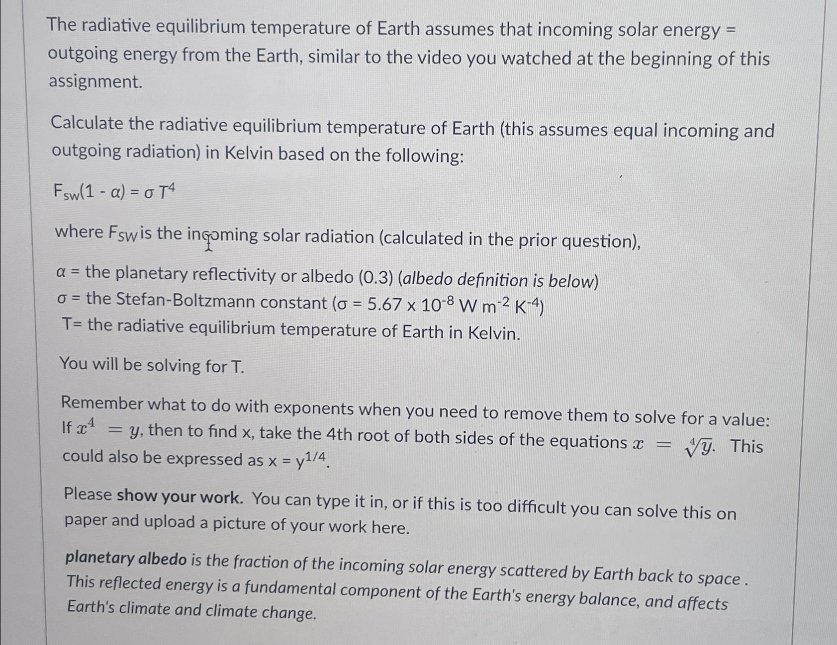 Solved The radiative equilibrium temperature of Earth | Chegg.com