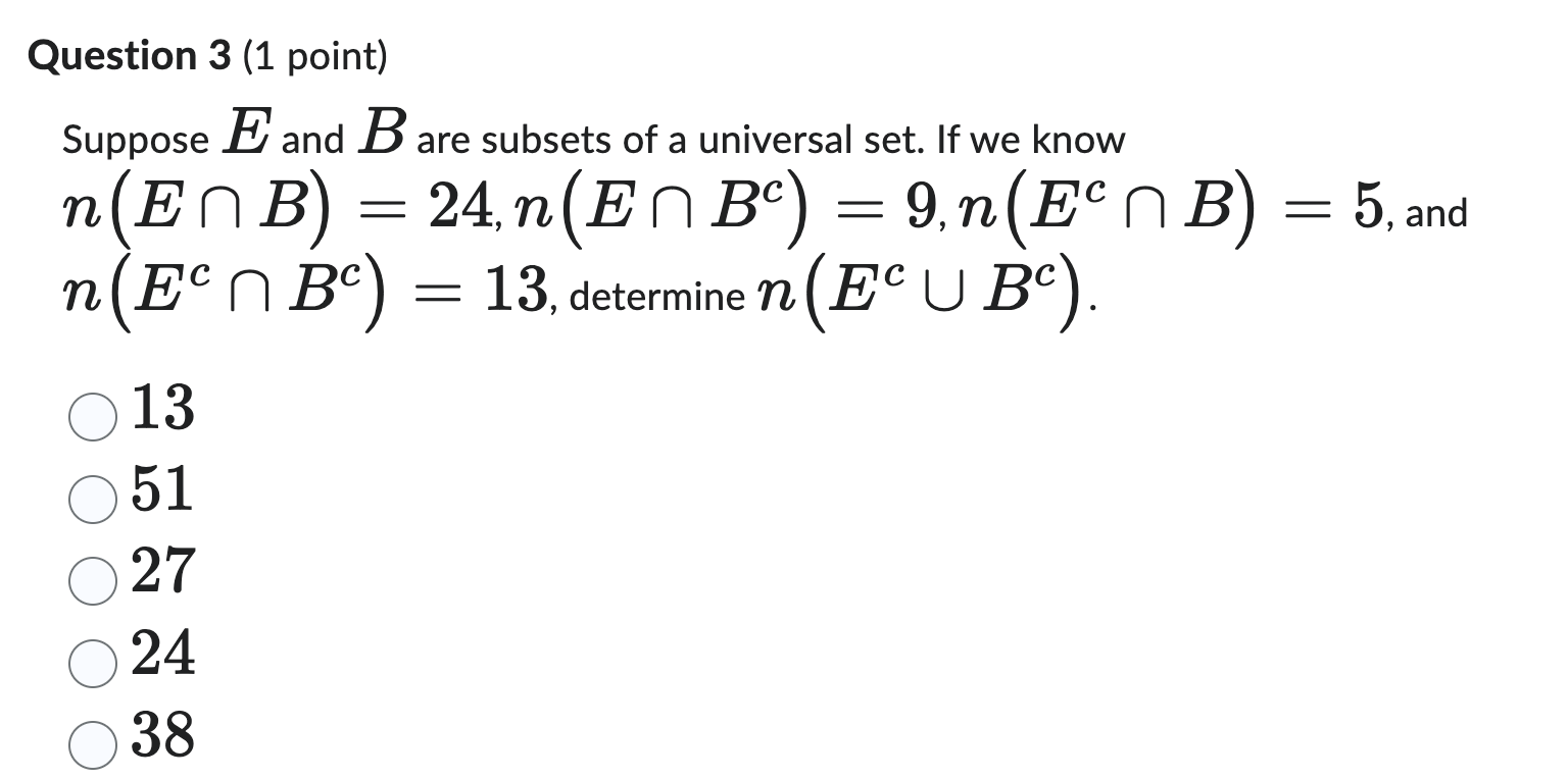 Solved Suppose E ﻿and B ﻿are subsets of ﻿a universal set. | Chegg.com