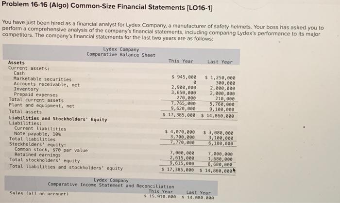 Solved Problem 16-16 (Algo) Common-Size Financial Statements | Chegg.com