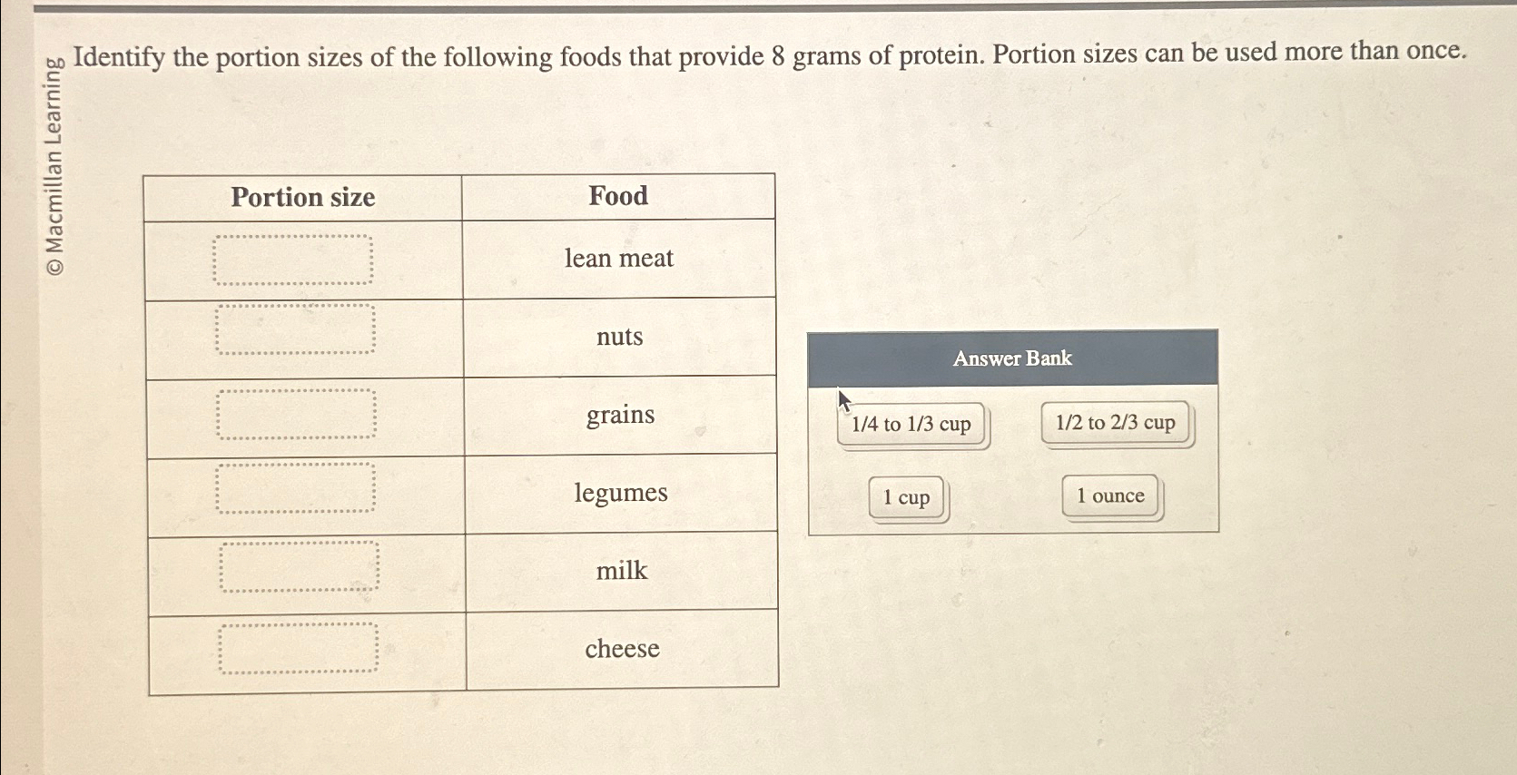 Solved Identify the portion sizes of the following foods | Chegg.com