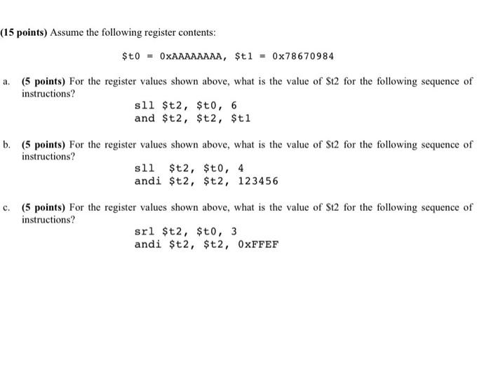 Solved (15 points) Assume the following register contents: | Chegg.com Solved (15 points) Assume the following register contents: | Chegg.com