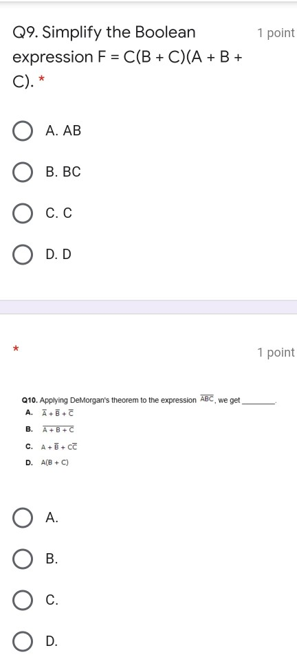 Solved 1 point Q9. Simplify the Boolean expression F = | Chegg.com