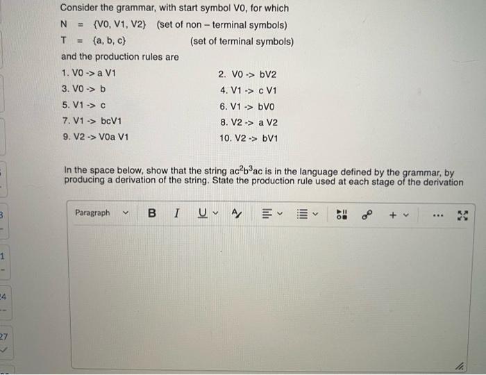 Solved Consider the grammar, with start symbol V0, for which | Chegg.com