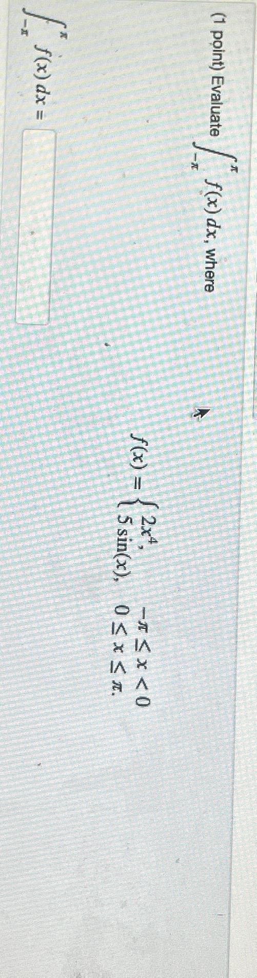 Solved (1 ﻿point) ﻿Evaluate ∫-ππf(x)dx, | Chegg.com