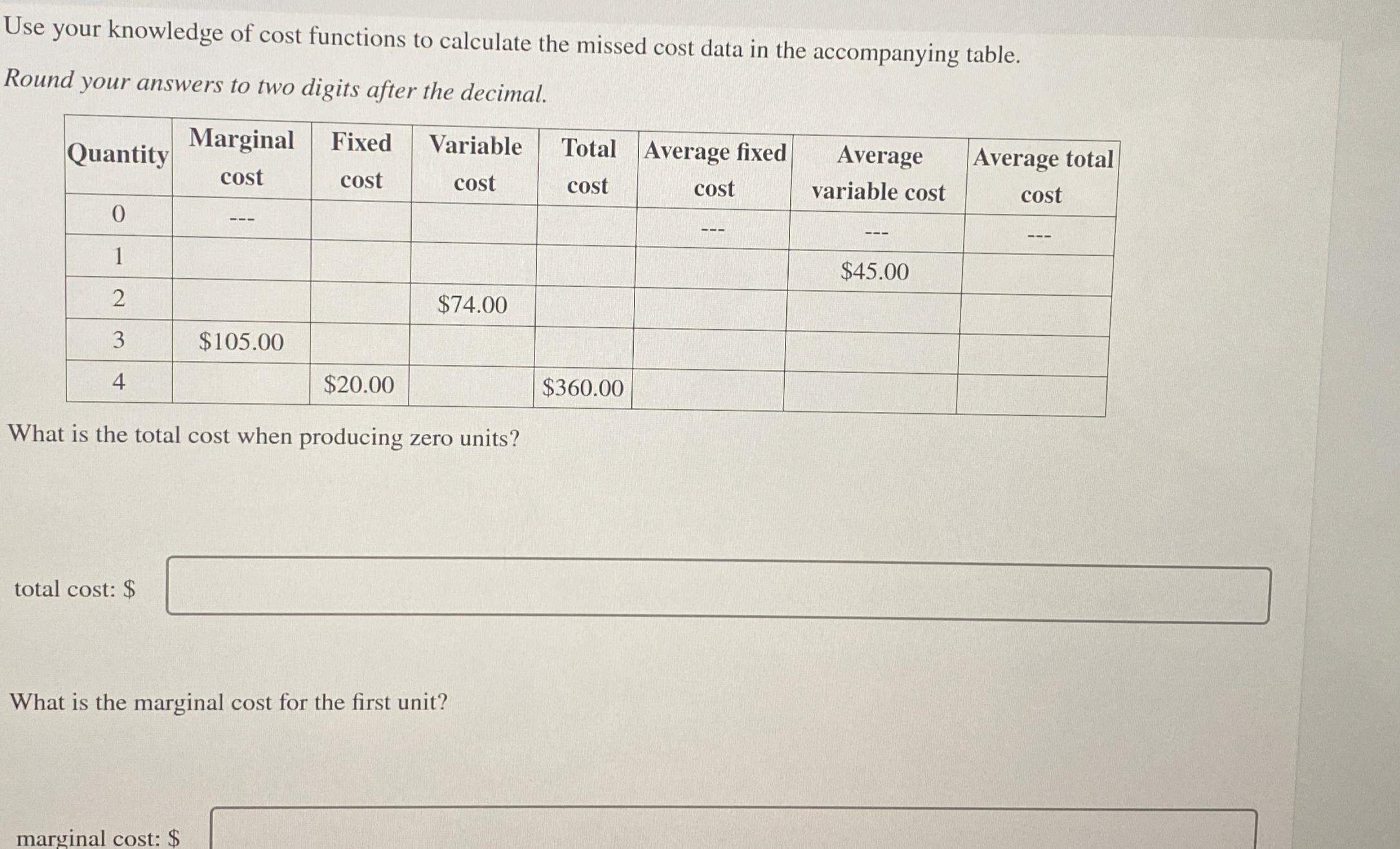 Solved Use your knowledge of cost functions to calculate the | Chegg.com