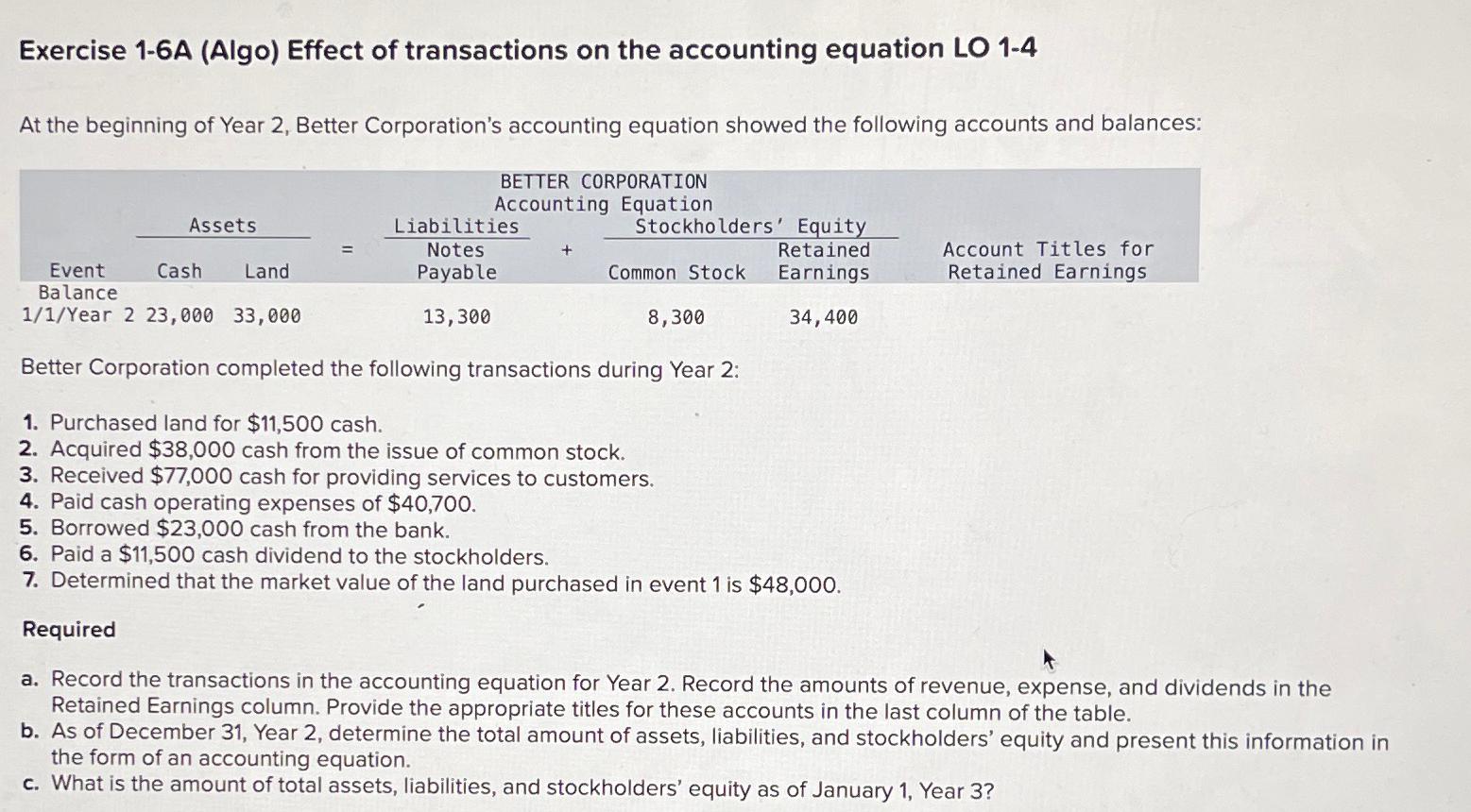 Solved Exercise 1-6A (Algo) ﻿Effect of transactions on the | Chegg.com