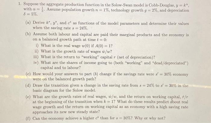 Solved 1. Suppose the aggregate production function in the | Chegg.com