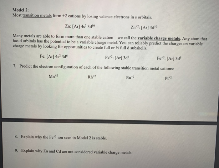 Solved Model 2: Most transition metals form +2 cations by | Chegg.com