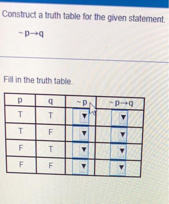 Solved Construct a truth table for the given statement. ∼p→q | Chegg.com