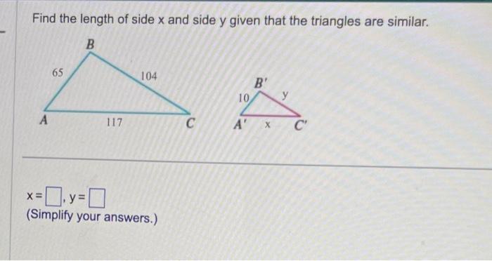 Solved Find the length of side x and side y given that the | Chegg.com