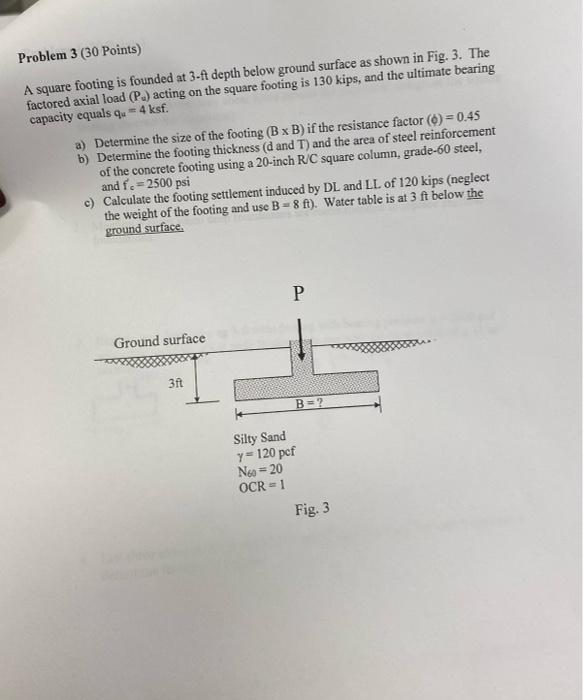 Solved Problem 3 ( 30 Points) A square footing is founded at | Chegg.com