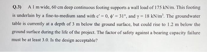 Solved Q.3) A 1 m wide, 60 cm deep continuous footing | Chegg.com