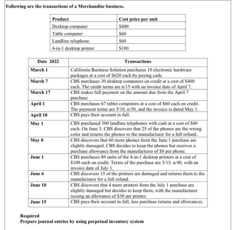 Solved Following are the transactions of a Merchandise | Chegg.com