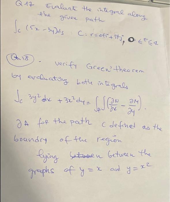 Solved Q17 Evaluat the integral along the given path | Chegg.com