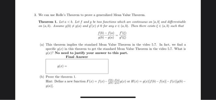 Solved 3. We can use Rolle's Theorem to prove a generalized | Chegg.com