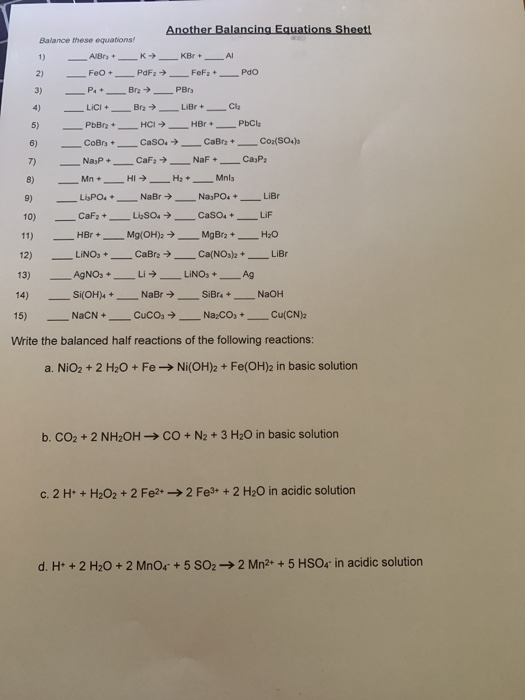 Solved Pao Another Balancing Equations Sheet Balance these | Chegg.com