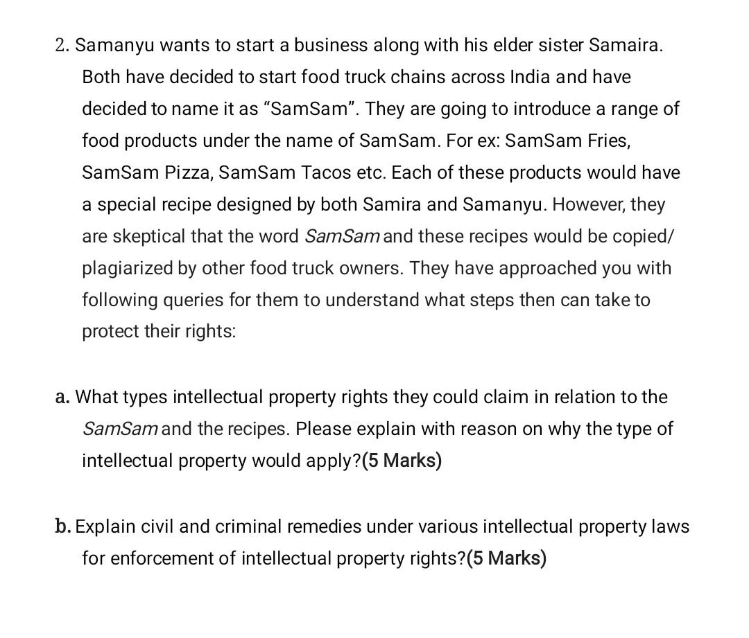 Solved 2. Samanyu wants to start a business along with his | Chegg.com