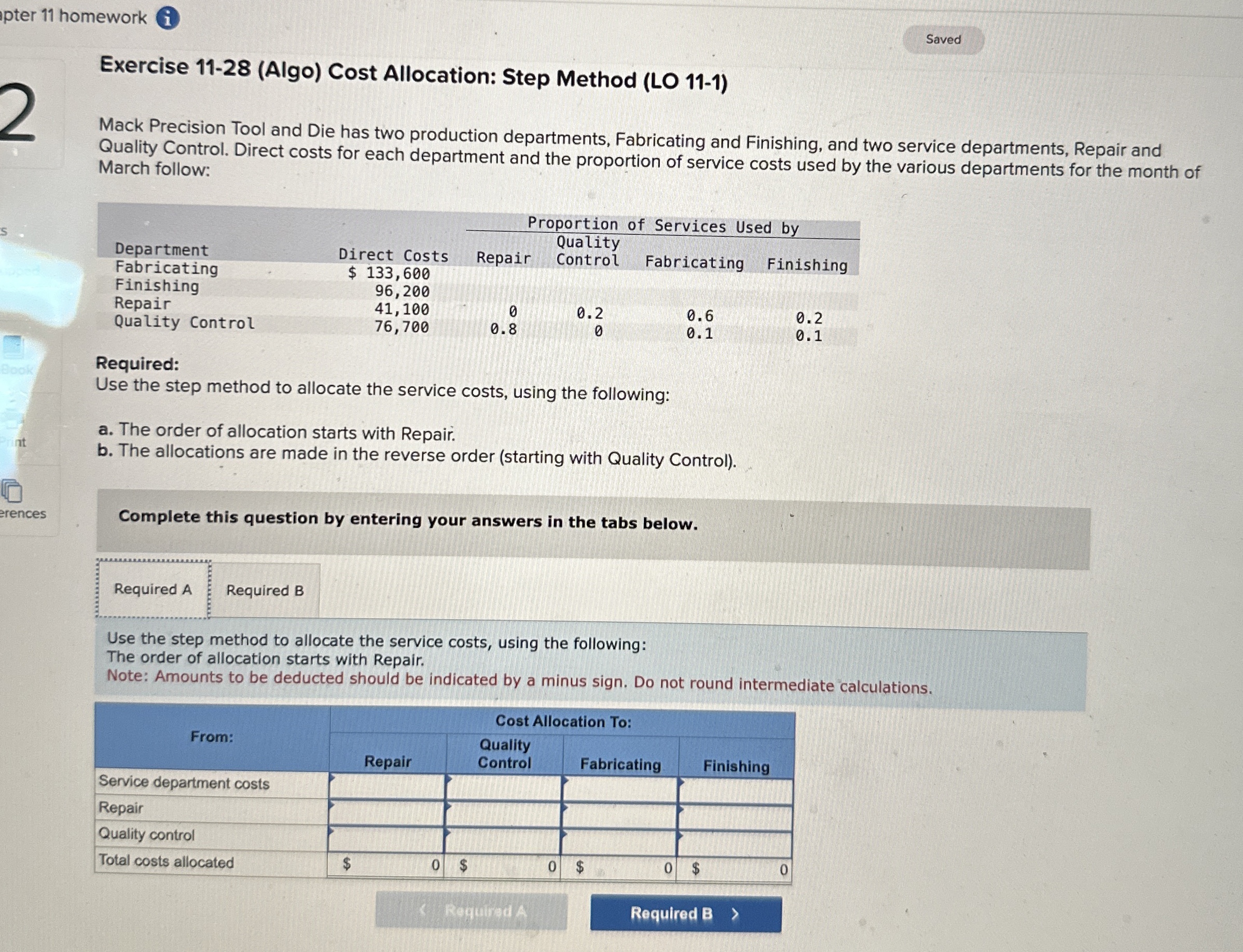 Solved pter 11 ﻿homeworkExercise 11-28 (Algo) ﻿Cost | Chegg.com