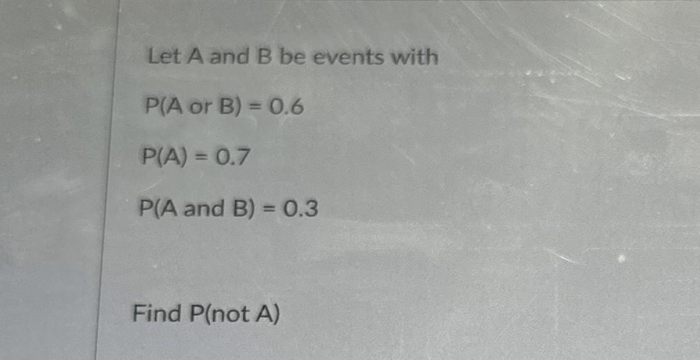 Solved Let A and B ﻿be events withP(A or B)=0.6P(A)=0.7P(A | Chegg.com