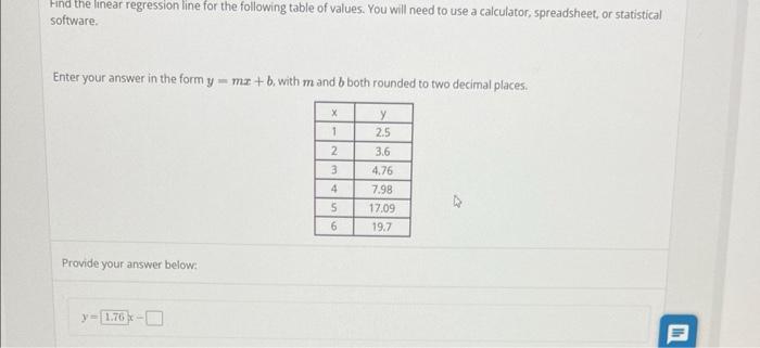Solved Find the linear regression line for the following | Chegg.com