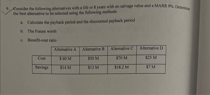Solved 9. Consider the following alternatives with a life or | Chegg.com